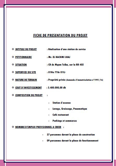 Fiche descriptive précisant les caractéristiques techniques du projet ...